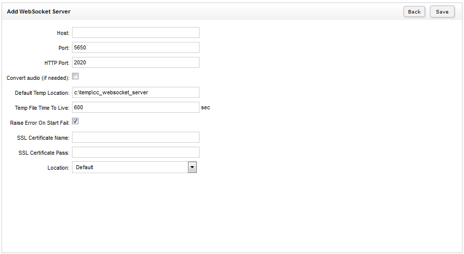 Websocket Server Settings